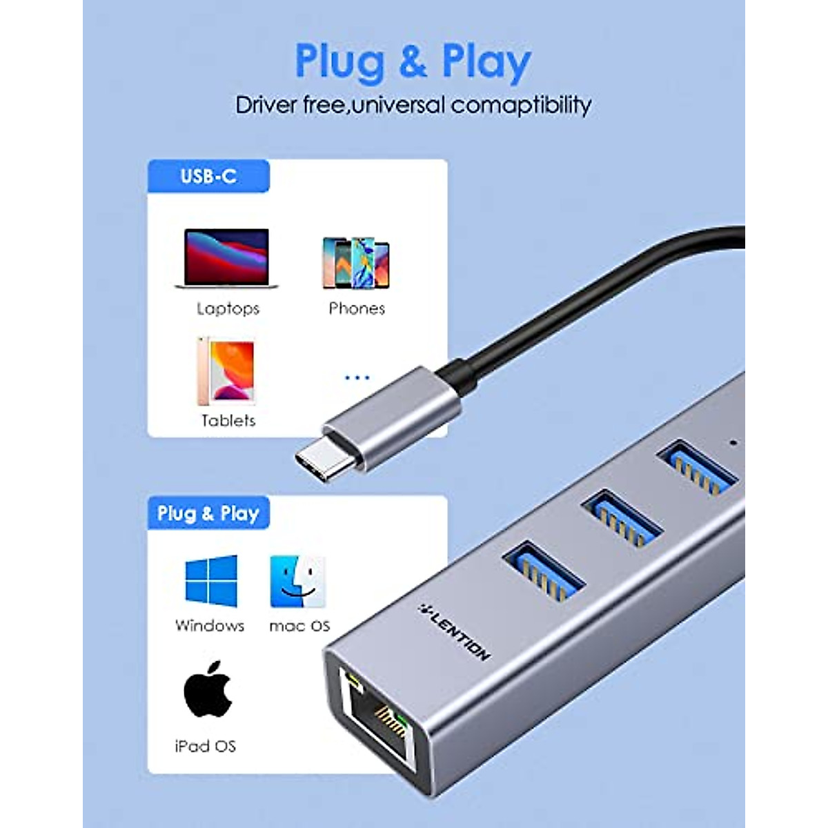 LENTION USB C Hub Ethernet Adapter, 3 USB 3.0 Ports, RJ45 Network Connector for 2023-2016 MacBook Pro, New Mac Air/iPad Pro, Chromebook, More, Stable Driver Certified (CB-C23s, Space Gray)