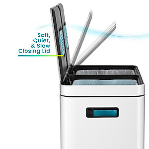 Home Zone Living 15.8 Gallon Kitchen Trash Can, Dual Removable Liners for Recycling and Trash, CleanAura Odor Control, Wide Stainless Steel Shape, Matte White (7.9 + 7.9 for 15.8 Gallon Total)