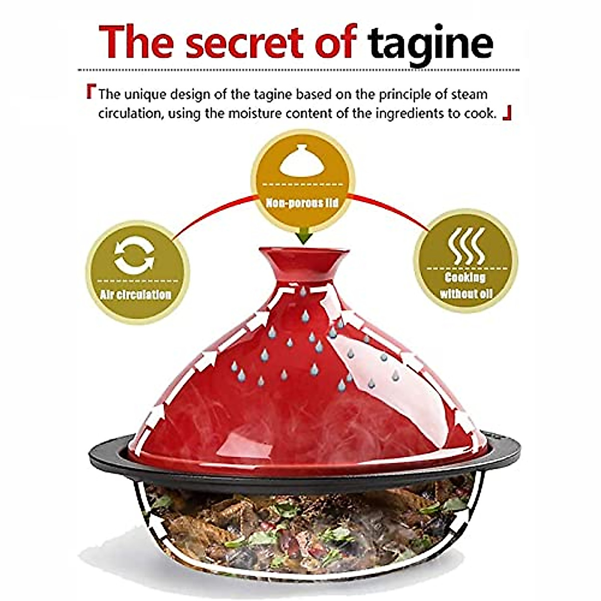 30cm Moroccan Tagine, with Lid, Non-Stick Enameled Cast Iron Soup Pot, for Different Cooking Styles - Cooking Healthy Food,Red
