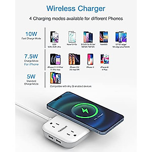 Small Power Strip 2 USB 1 Wireless Charger, TESSAN Mini Flat Plug Nightstand Desktop Charging Station with 2 Outlet 4 ft Extension Cord, Compatible with iPhone for Dorm Room Cruise