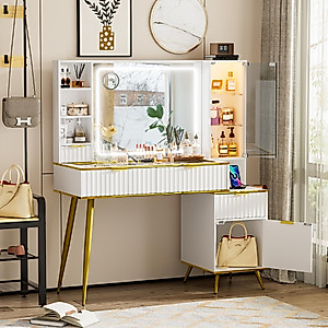 PAKASEPT Fluted Vanity Desk with Mirror and Lights, 47" Big Modern Vanity Desk with Glass Tabletop, Vanity Table with Charging Station, 4 Drawers, Shelves, RGB Glass Cabinet, for Bedroom, White