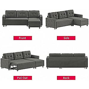 MUZZ Pull Out Sleeper Sofa with Storage, Reversible Pull Out Sofa Couch, L-Shaped Sectional Sofa with Chaise and Pocket, Ideal for Living Room, Apartment and Office (Dark Grey)