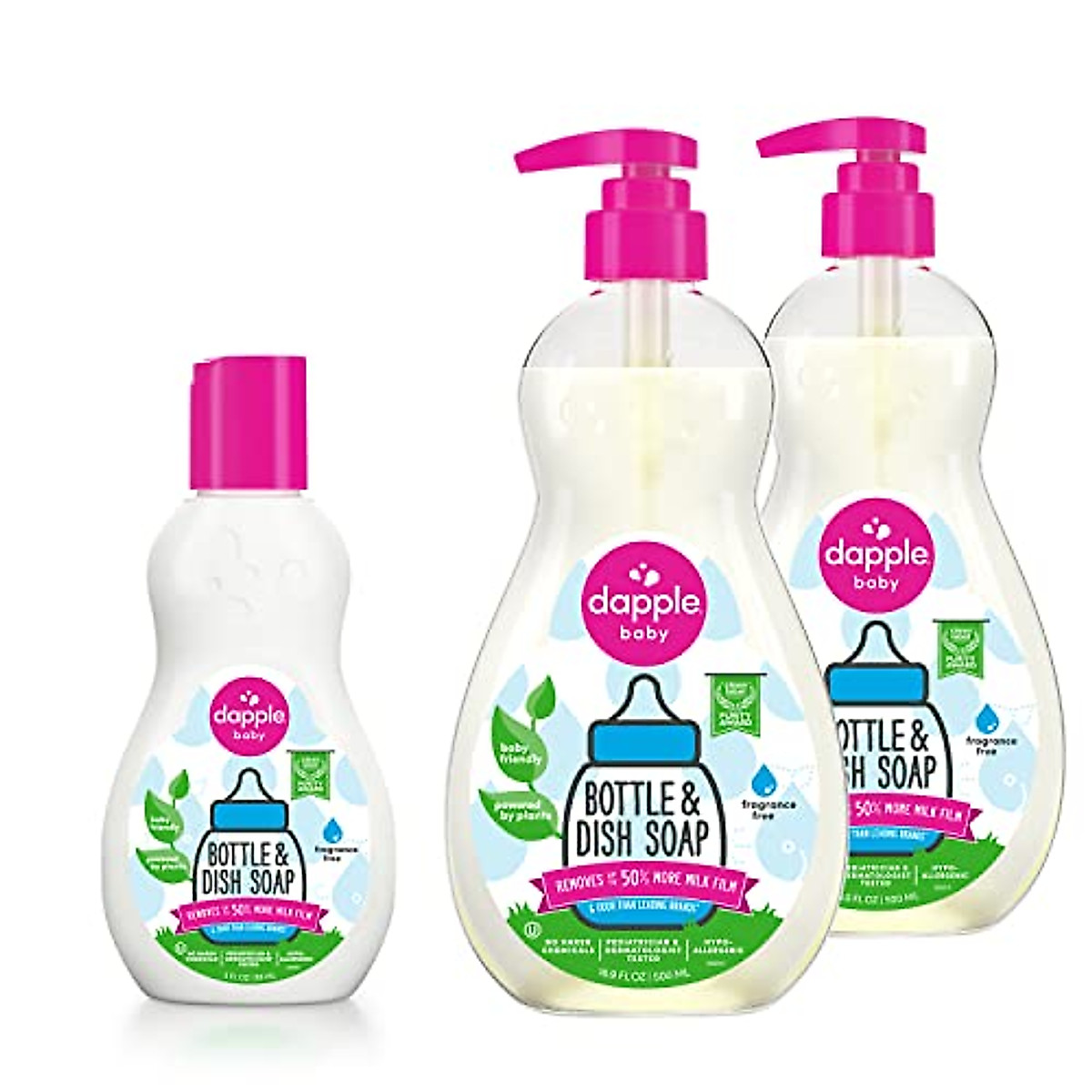 Dish Bundle by Dapple Baby Includes Baby Bottle & Dish Liquid by Dapple Baby Travel Size 3 Fl Oz, and 16.9 Fl Oz Bottle, 2 ct., Fragrance-Free - Plant-Based - Hypoallergenic