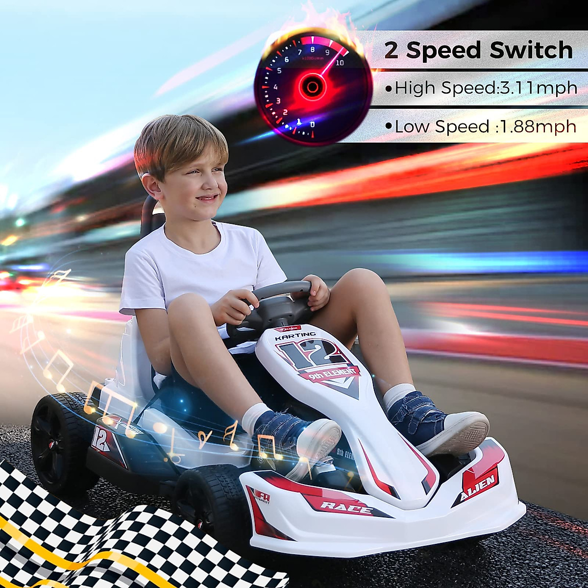 ELEMARA Electric Go Kart for Kids, 12V 2WD Battery Powered Ride On Cars with Parent Remote Control for Boys Girls,Toy Gift Vehicle with 2 Speed,Safety Belt,Music,UP to 70lbs, White