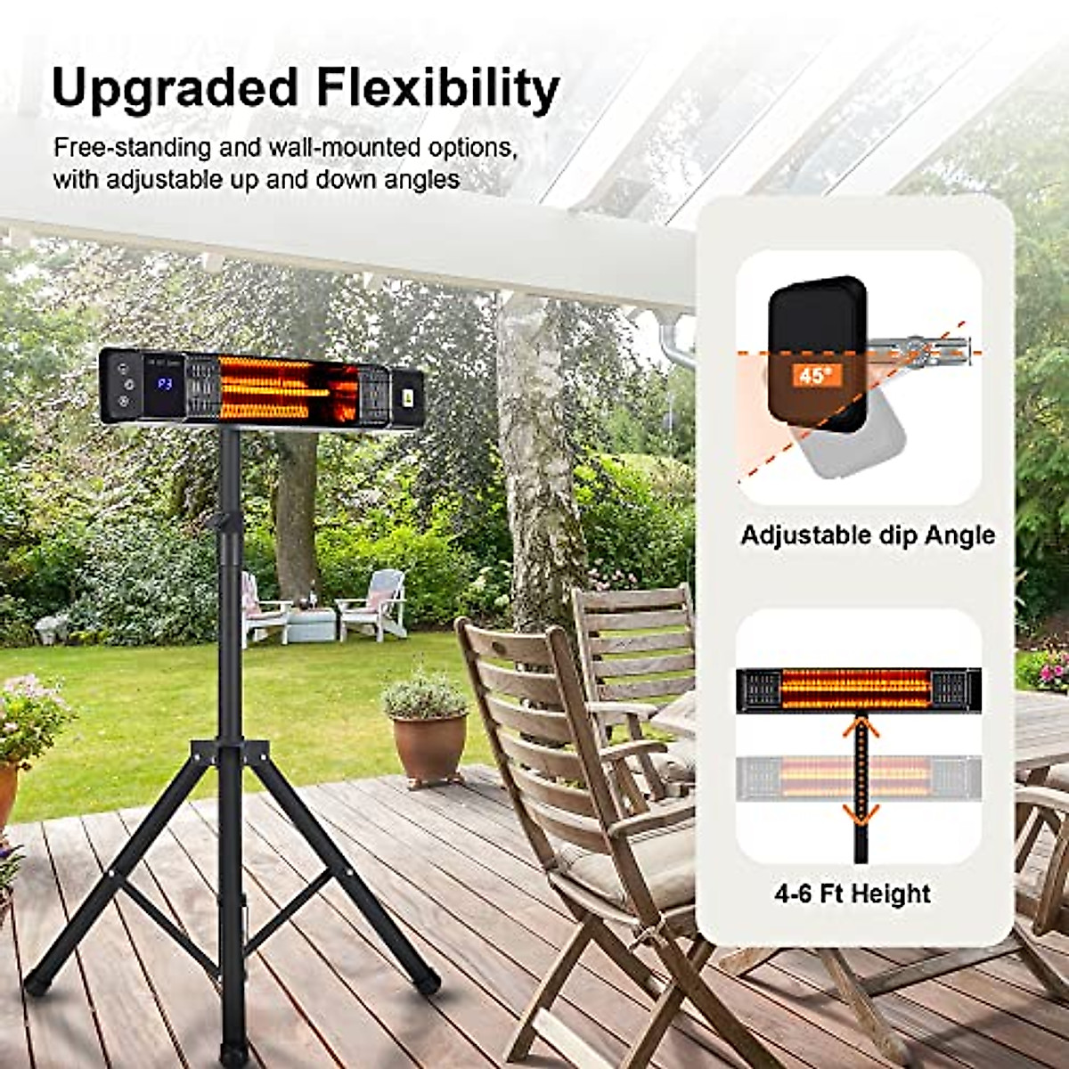 Mountman Patio Heater, Electric Heater for Outdoor/Indoor Use, 1500W Infrared Radiant Heater with Remote, 3 Modes, 24H Timer, IP45, Wall Mounted/Tripod for Garage, Backyard Porch, Basement, Balcony