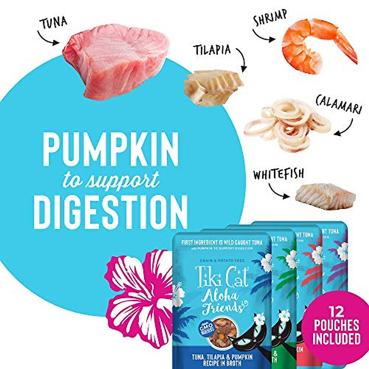 Tiki Cat Aloha Friends Variety Pack, Seafood Flavors with Pumpkin, Wet, High-Protein & High-Moisture Cat Food, For All Life Stages, 3 oz. Pouch (Case of 12)