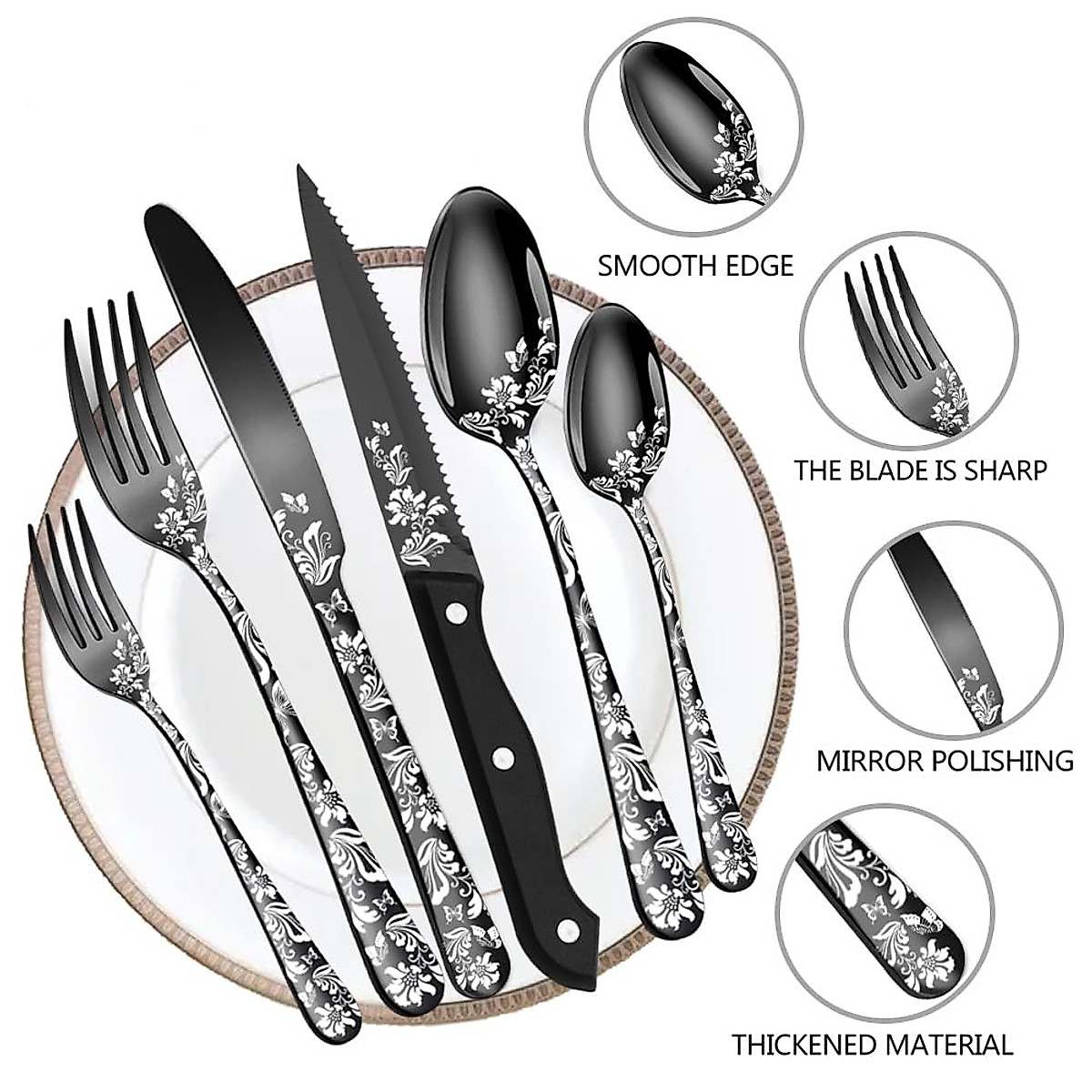 Aimilan 72 Pcs Black Silverware Set with Steak Knives Service for 12,Stainless Steel Creative Print Flatware Set,Mirror Polished Cutlery Utensil Set, Dishwasher Safe (72 Pcs Service for 12)
