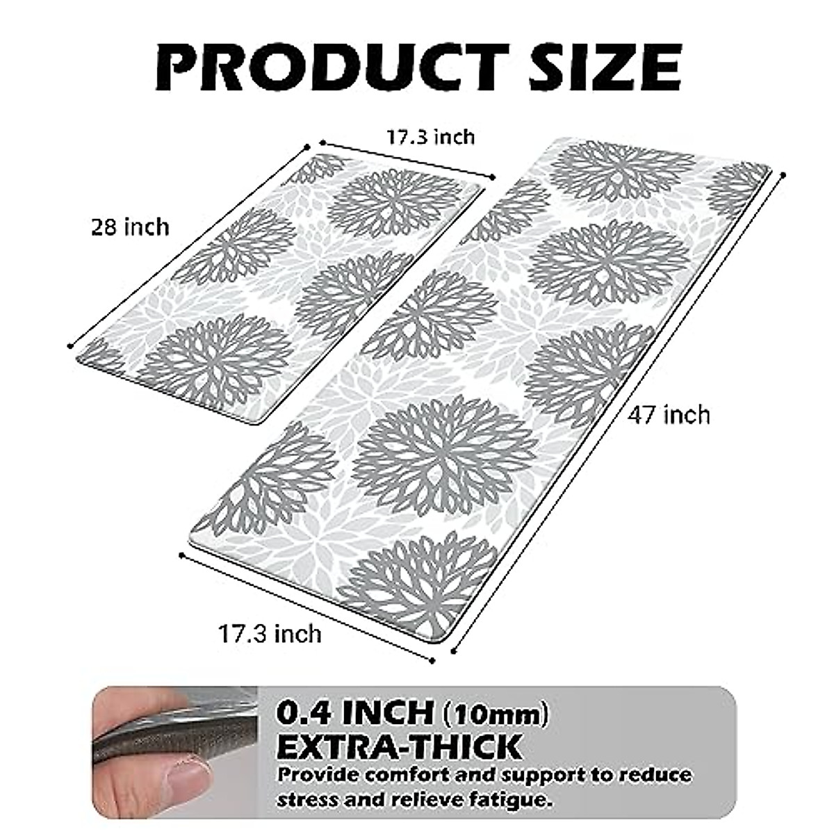 Gray Cushioned Anti Fatigue Kitchen Rugs Set of 2, Waterproof Non Slip, PVC Leather Memory Foam, 17.3''x 28''+17.3'' x 47''