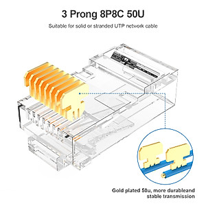 AUCAS 2 Piece Cat6 RJ45 Connector, End, Modular Plug, Connection, Gold Plated 50μ 8P8C for 23-24 AWG, Wire 1.0-1.1mm UTP Unshielded Cat6 Cat5e Solid or Stranded Ethernet Network Cable, 50 Pack