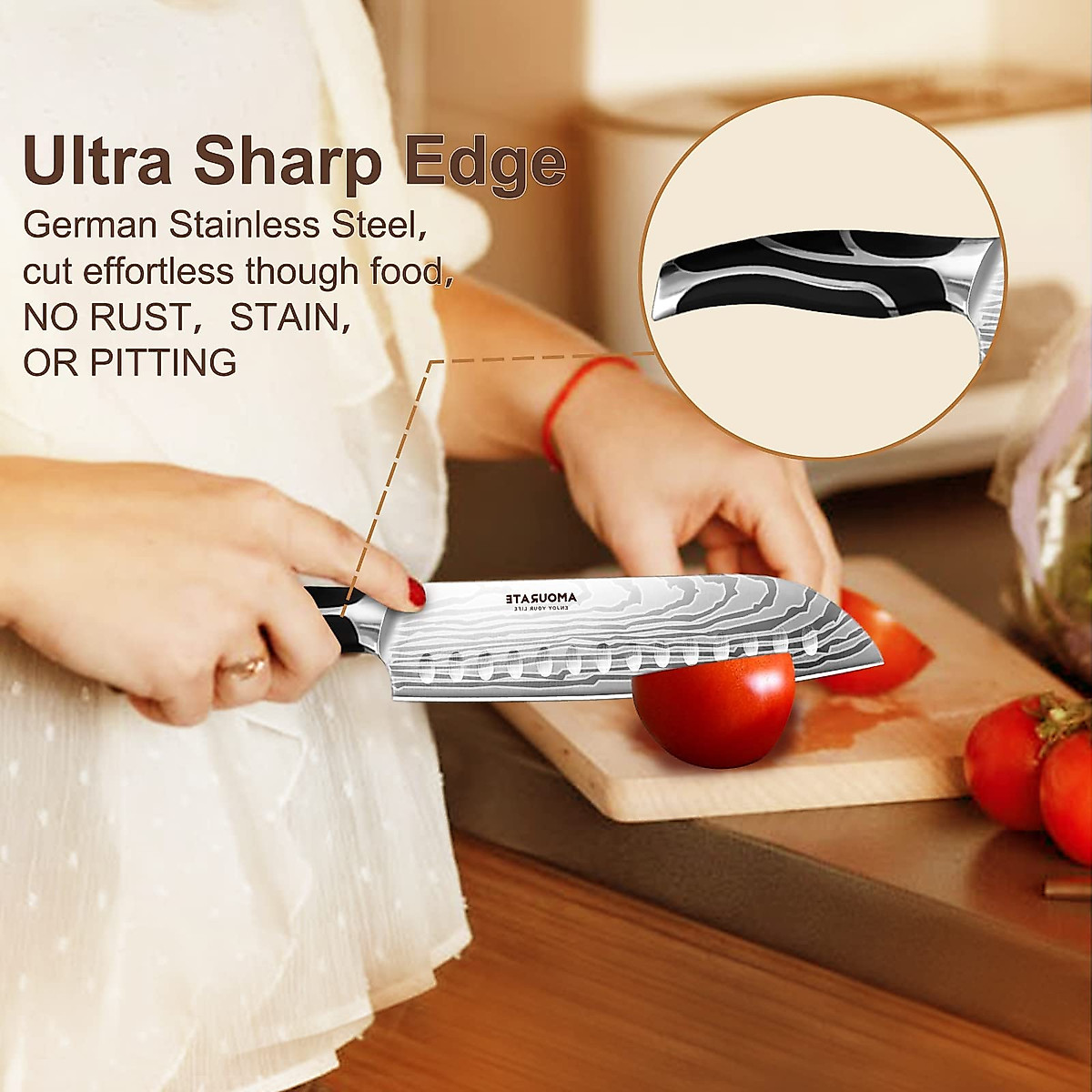 Santoku Knife Ultra Sharp Kitchen Chef Knife Set, Professional Japanese Knife Made of German High Carbon Steel ,7-Inch chopping Knife with Finger Guard, Ergonomic Handle, Comes with Gift Box (2PCS)