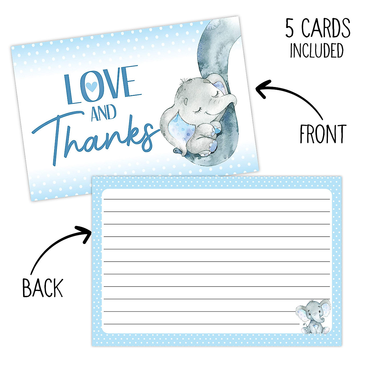 Your Main Event Prints 50 Elephant Baby Shower Thank You Cards - Boy Baby, Mama Baby Shower Favor and Games - 6 Different Designs Included - 25 Blank and 25 Pre-Written Thank You Cards