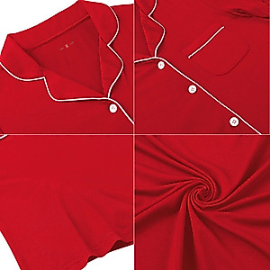 Samring Womens Nightshirt V Neck Boyfriend Sleepwear Shirts Loose Sleeve Button Sleep Tee Red S