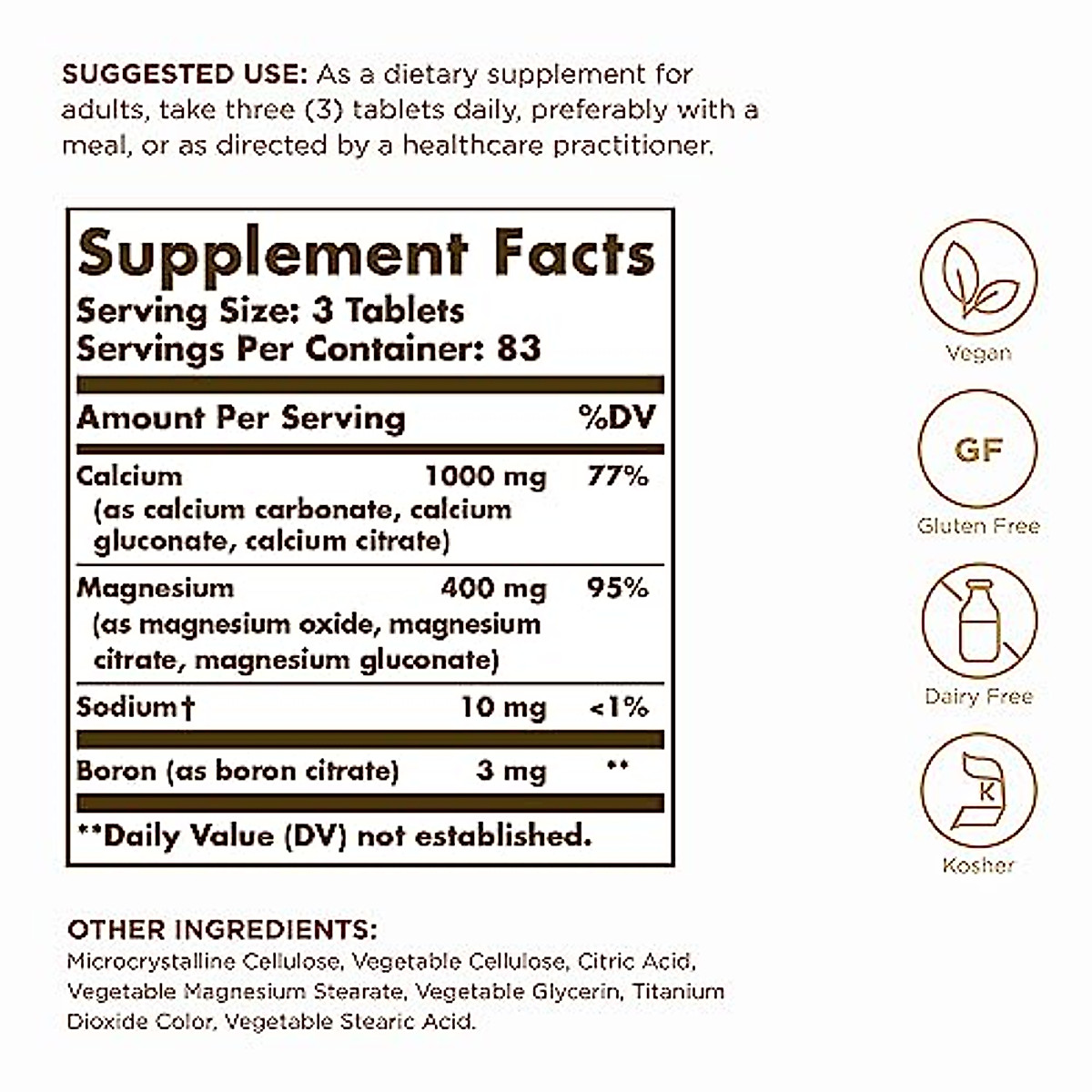 Solgar Calcium Magnesium Plus Boron - 250 Tablets - Non-GMO, Vegan, Gluten Free, Dairy Free, Kosher - 83 Servings