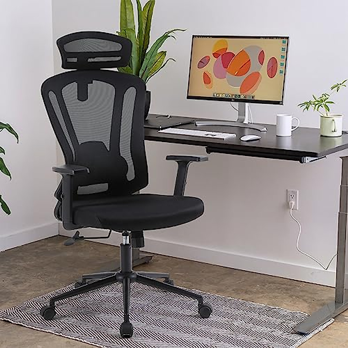 Ergonomic Home Office Chair, High Back Desk Chair with Adjustable Lumbar Support, 2D Armrest and Headrest, Black Mesh Computer Gaming Chair with Tilt Function