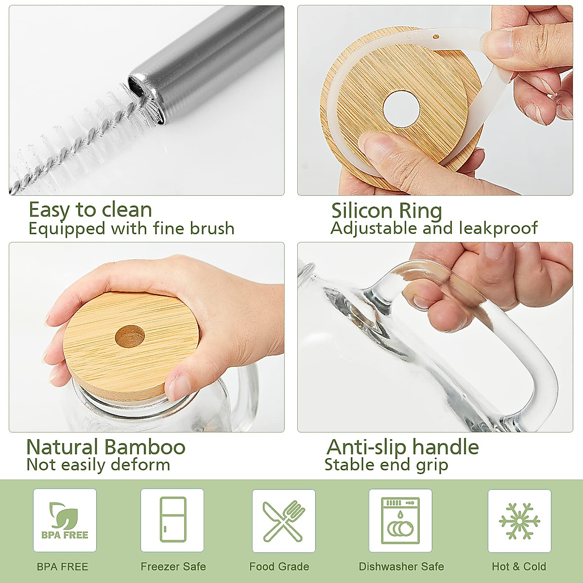 Yirilan 2 Pack 24Oz Mason jar cups with lids and straws, Mason Jars with Handle, Mason Jar Drinking Glasses with Lid and Straw, Mason Jar Mugs