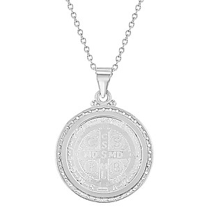 925 Sterling Silver Clear Cubic Zirconia Saint Benedict Medallion 18" Necklace for Young Girls & Teens - Religious Shiny CZ St. Benedict Medal Necklaces for Girls - Faith Charm Jewelry for Women