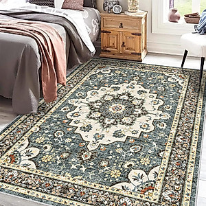 TOPRUUG Washable Oriental Area Rug - 5x8 Rugs for Living Room Soft Carpet for Bedroom Waterproof Floral Distressed Indoor Stain Resistant Non-Shedding Floor Carpets (Blue, 5x8)