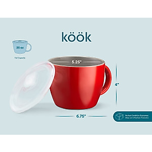 KooK Soup Mugs, Soup Cups with Lid, Microwavable Soup Bowl with Handles, Ceramic with Plastic Lid, for Overnight Oats, Travel Cups, Oversized Coffee Mug, Cereal, 25 Oz, Set of 2, Cherry/Grey