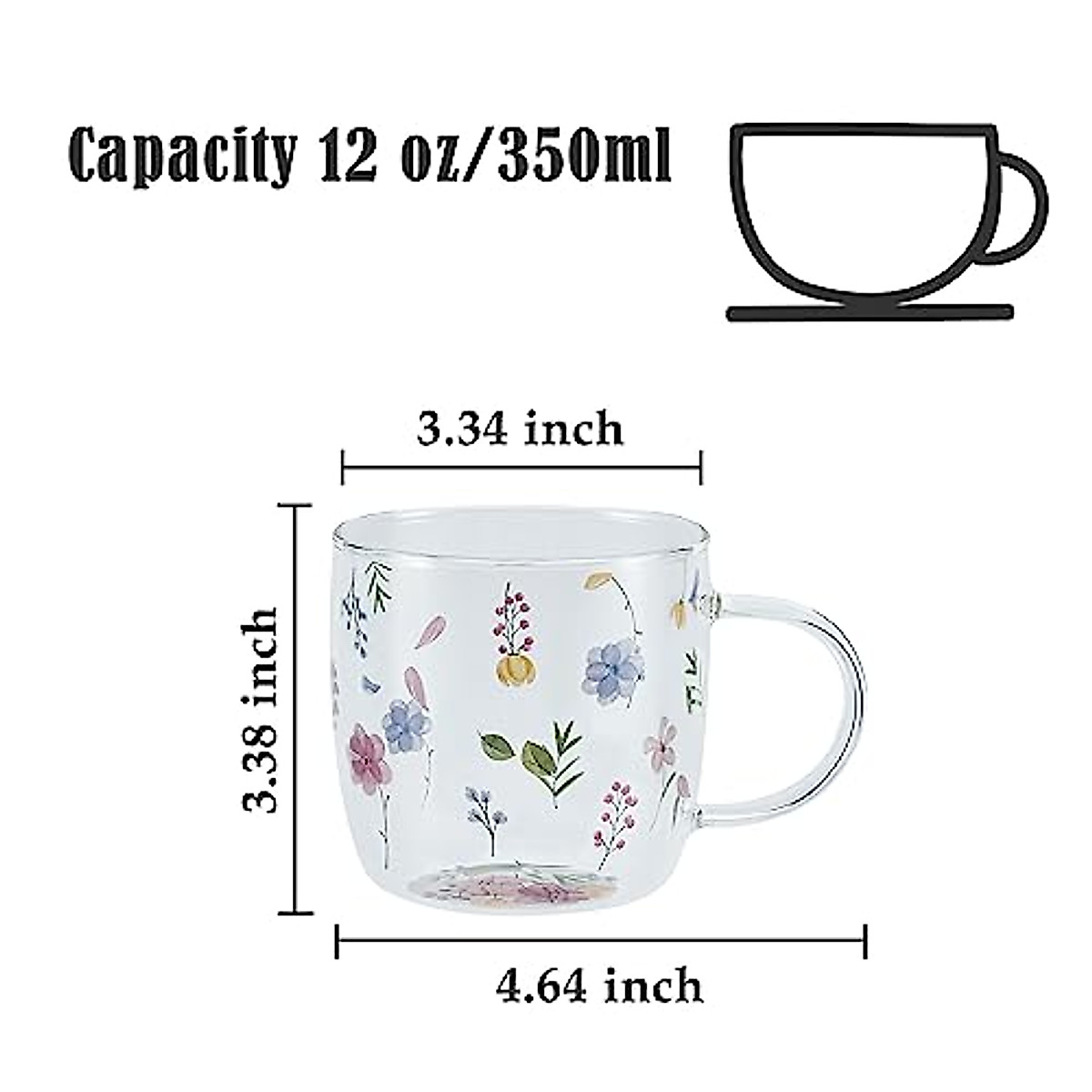 Koythin Flowers Coffee Glass Mug, Cute Espresso Cup, Drinking Glasses Breakfast Cups with Handle, 12oz Perfect for Coffee Juice Tea Latte Cappuccino (Green Leaf Pink Flower)