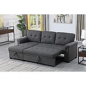 RITSU L-Shape Dark Gray Corner Couch with Storage Chaise, Linen Reversible Fabric Sleeper Sectional Sofa with Arms for Living Room, Apartment, Home Furniture, Dorm