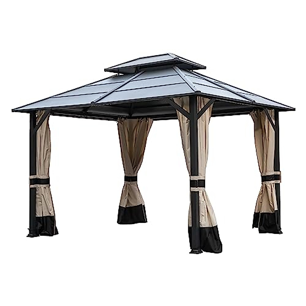 MONDAWE 10x12Ft Hardtop Gazebo Double Roof Permanent Gazebo Steel Frame Canopy Outdoor Pavilion Heavy Duty for Patio Lawn Garden with Curtains and Netting,Black