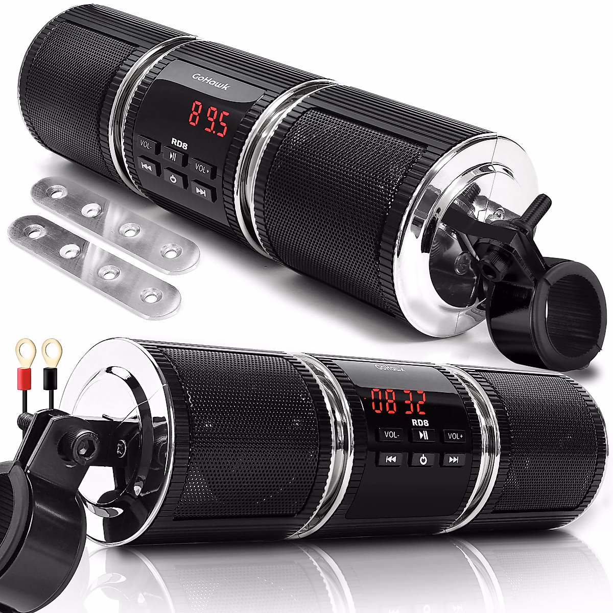 GoHawk RD8 Gen.2 Waterproof Bluetooth Motorcycle Stereo Speakers 7/8-1.25 in. Handlebar Mount MP3 Music Player Audio Amplifier System Scooter Bike ATV, AUX in, USB, FM Radio
