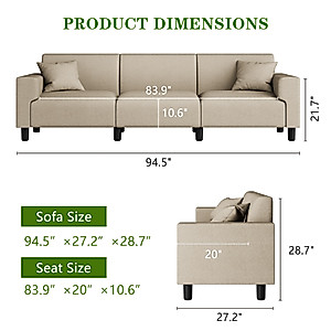 Shintenchi 94'' Sofa Couch, Modern Upholstered 3-Seater Sofa with Deep Cushion, Comfy Sleeper Sofa Couch with Two Pillows for Living Room, Lounge and Apartment, Brown