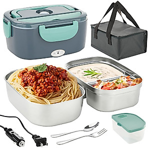 80W Faster Heated Lunch Box for Adults, Electric Lunch Box for Car/Truck/Office, with Dual 1.5L 304 Stainless Steel Food Containers, 0.45L PP Fruit/Snack Container, Fork & Spoon, Insulated Carry Bag