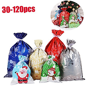 Christmas Bags Large Size Christmas Wrapping Assorted Styles Christmas Goody Bags with Ribbon Ties for Christmas Party Xmas Holiday 30PCS
