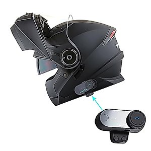1Storm New Motorcycle Bike Modular Full Face Helmet Dual Visor Sun Shield with LED Tail Light + Motorcycle Bluetooth Headset: Matt Black