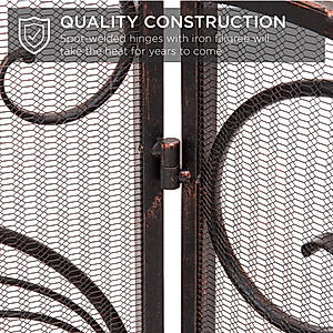 Best Choice Products 3-Panel 55x33in Solid Wrought Iron See-Through Metal Fireplace Screen, Spark Guard Safety Protector w/Decorative Scroll - Copper