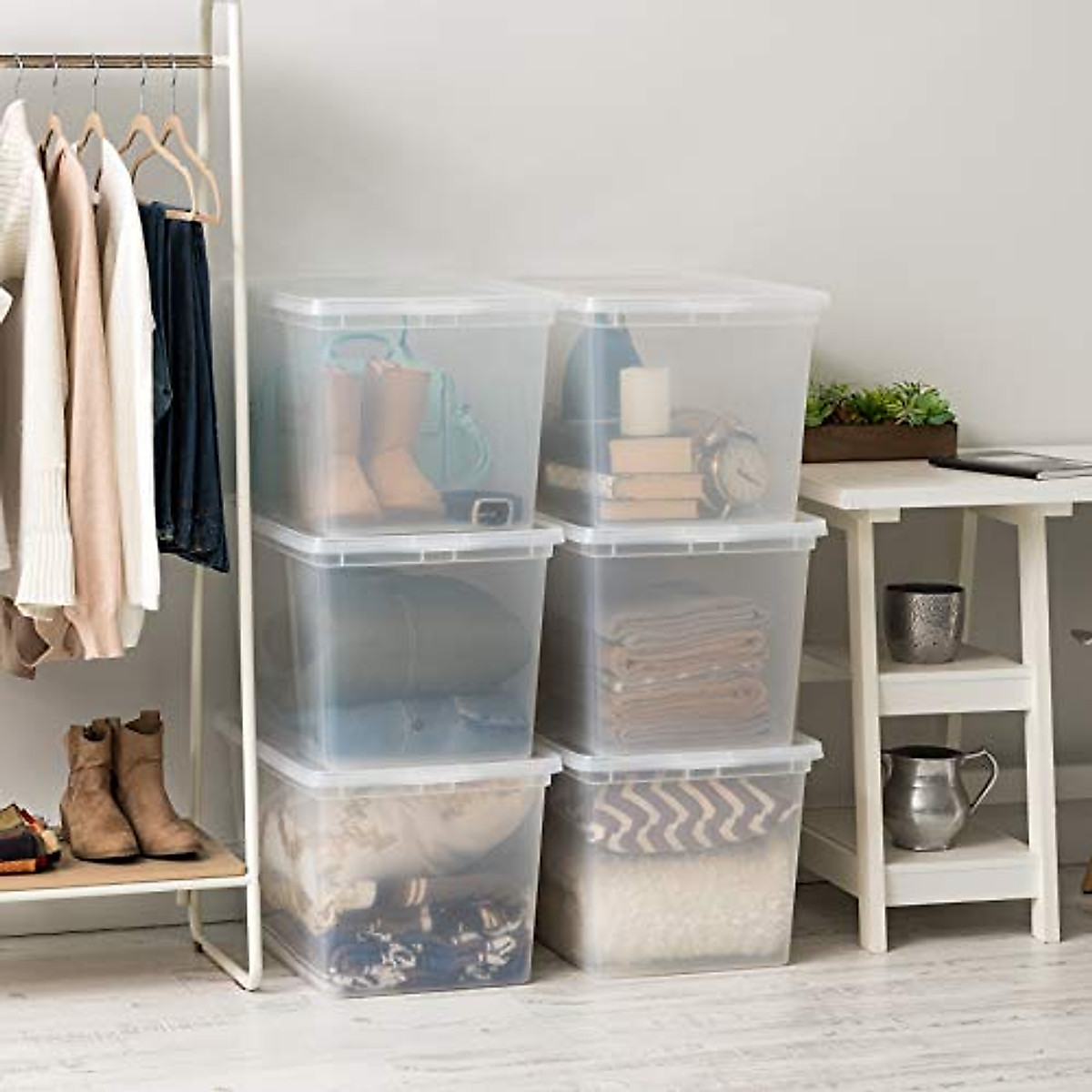 IRIS USA 68 Qt Clear Storage Box, BPA-Free Plastic Stackable Bin with Lid, 6 Pack, Containers to Organize Closet Shelves, Clothes, Blankets, Towels