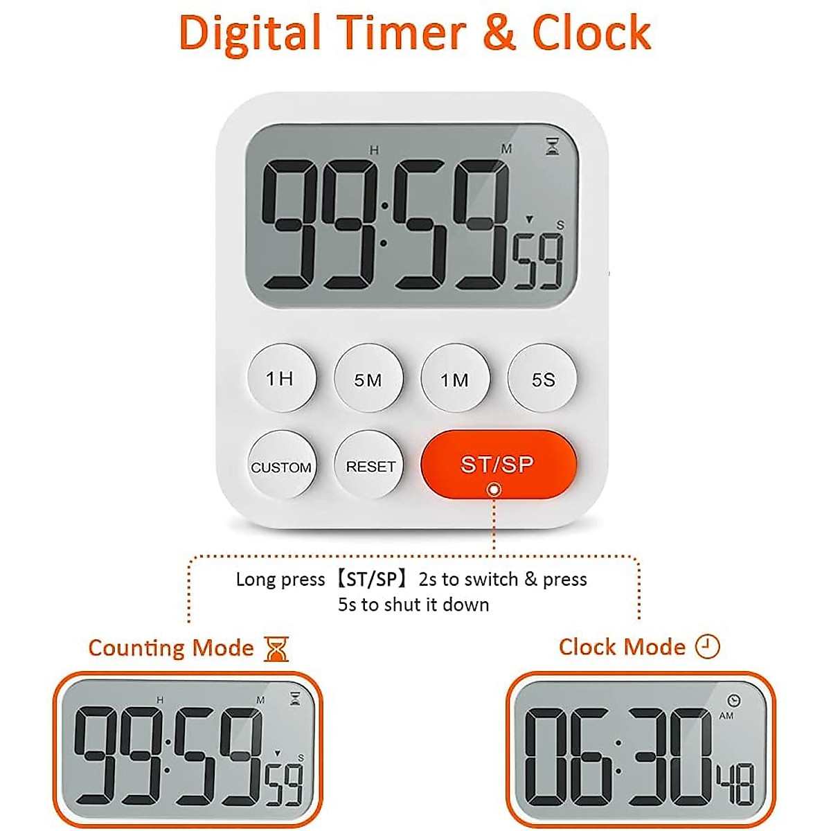 LIORQUE Kitchen Timer for Cooking, Magnetic Timer Clock with Large LCD Display, 3 Levels Volume, Shortcut Setting, Digital Timer for Kids Classroom Teacher (Battery Included)