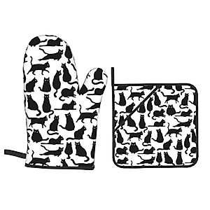 Black Cat Oven Mitts and Pot Holders Set of 4 Washable Heat Resistant Kitchen Gloves Waterproof Oven Gloves and Hot Pads for Cooking Grilling BBQ Baking