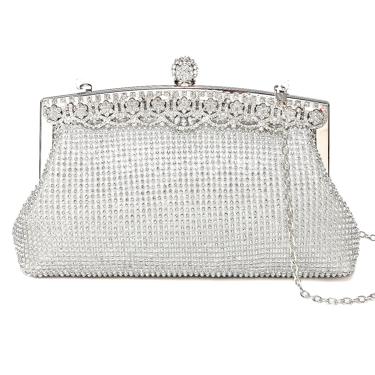 Mogor Women's Rhinestone Retro Crystal Clutch Bling Glitter Wedding Party Bridal Handbag Elegant Formal Evening Bag(Silver)