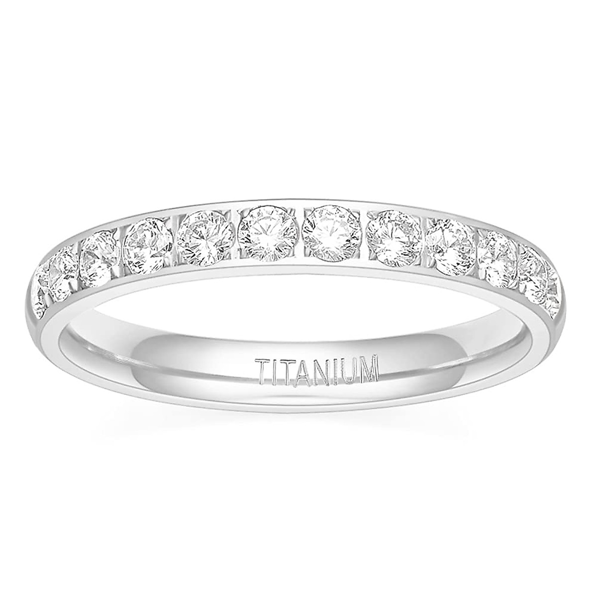 TIGRADE 3mm Women Titanium Engagement Ring Half Cubic Zirconia Eternity Wedding Band Size 3-13, Silver, Size 7