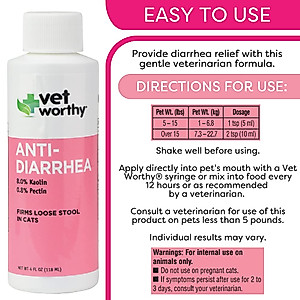 Vet Worthy Anti-Diarrhea for Cats - Cat Supplement to Help Relieve Diarrhea, Stomach Upset, and Discomfort - Pet Digestive Health Support with Kaolin and Pectin - 4oz