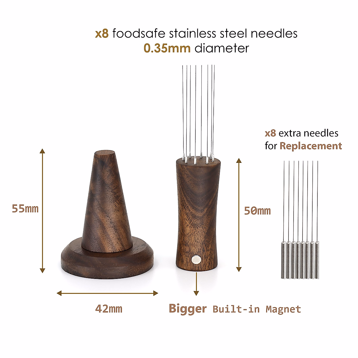 Handmade Walnut WDT Tool V2.0 Built-in Magnet Handle and Stand | 8 Needles Built-in + 8 Extra Needles 0.35mm for Replacement