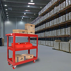 LFGUD 3-Tier Commercial Utility Cart with Brake Wheels, Sturdy Steel Construction, 110 lbs Capacity, Red