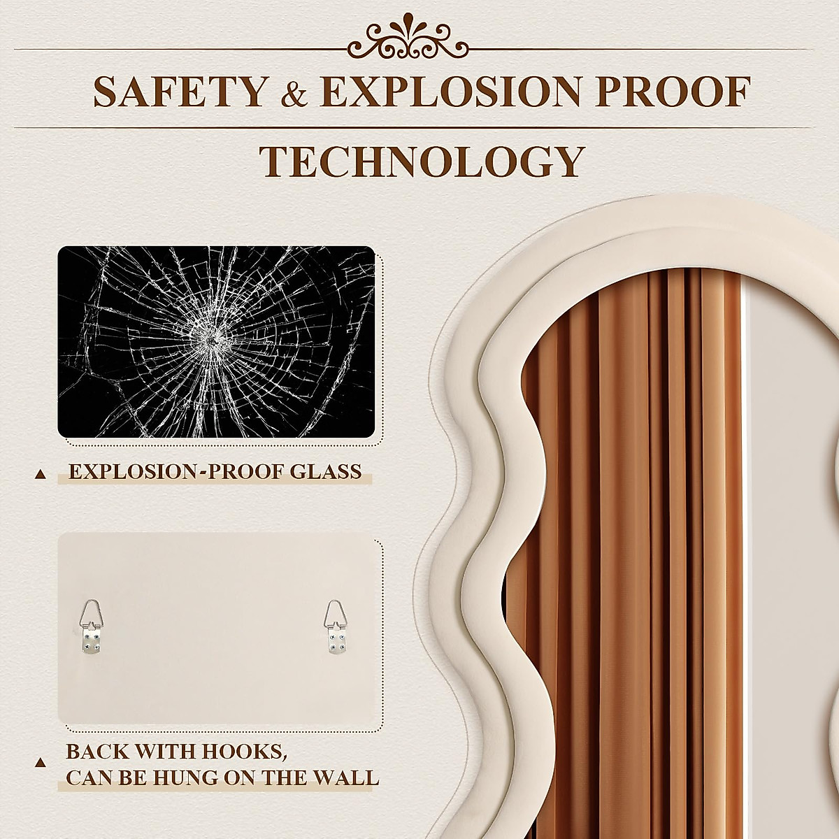 ABSWHLM Arched Full Length Mirror 63"x24" Irregular Wavy Mirror with Flannel Wrapped Wood Frame Floor Mirror for Living Room, Bedroom Hanging or Leaning Wall-Mounted, Milk White