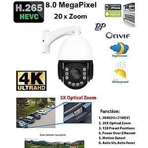 GW Security 8MP Pan Tilt Zoom IP PoE 20X Optical Zoom 4K 3840 x 2160p Outdoor Indoor Security Speed Dome PTZ Camera with 330ft IR Night Vision (GW810PTZ)