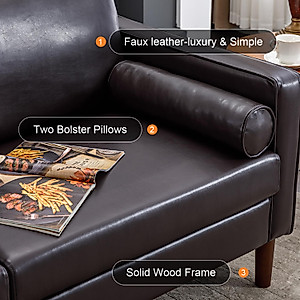 DIFY 77” Mid-Century Modern Loveseat Couch, Leather Faux Sofa with Two Upholstered Cushions, Comfortable Couch with Wooden Frame and 3 Seater, for Living Room, Bedroom, Office(Black)