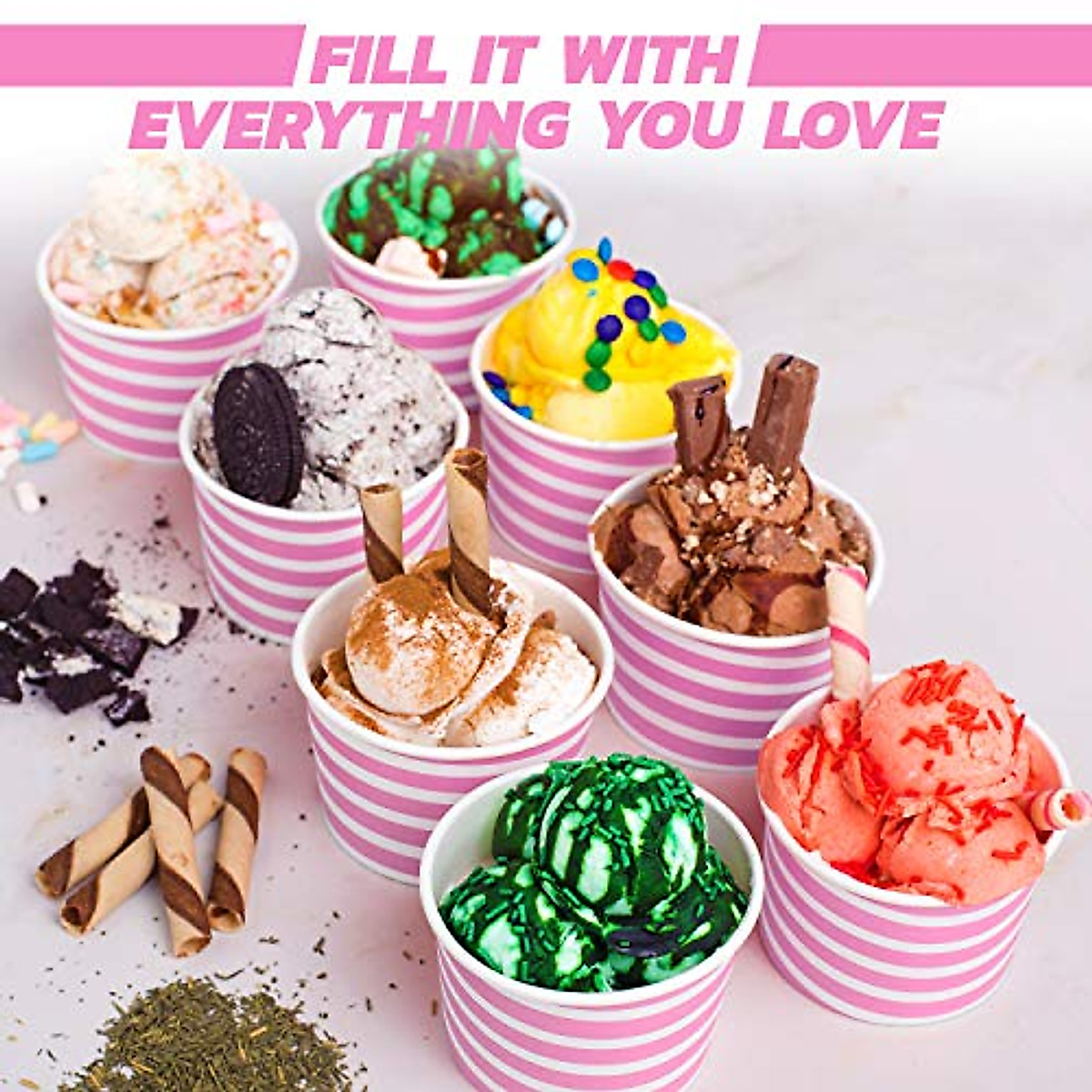 TYPTOP Premium Paper Ice Cream Cups, 50-Pack 12 oz Disposable Dessert cups for Hot and Cold, 12-ounce pink stripe