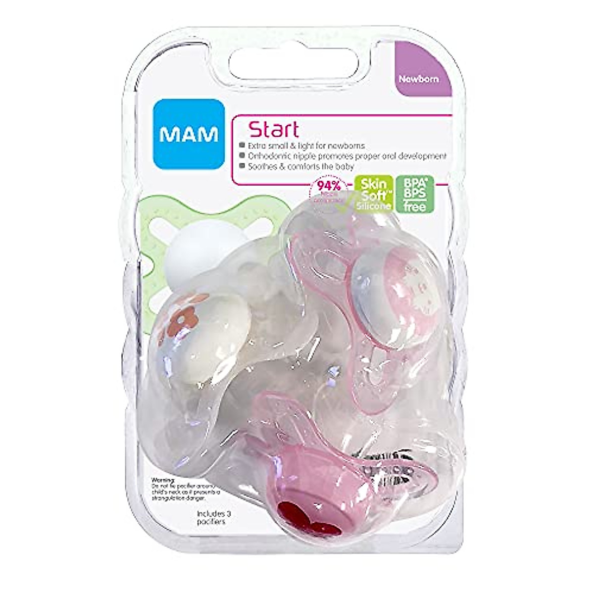 MAM Start Newborn Pacifiers Value Pack, Newborn Baby Girl Pacifiers, Best Pacifier for Breastfed Babies, 3 Count (Pack of 1)