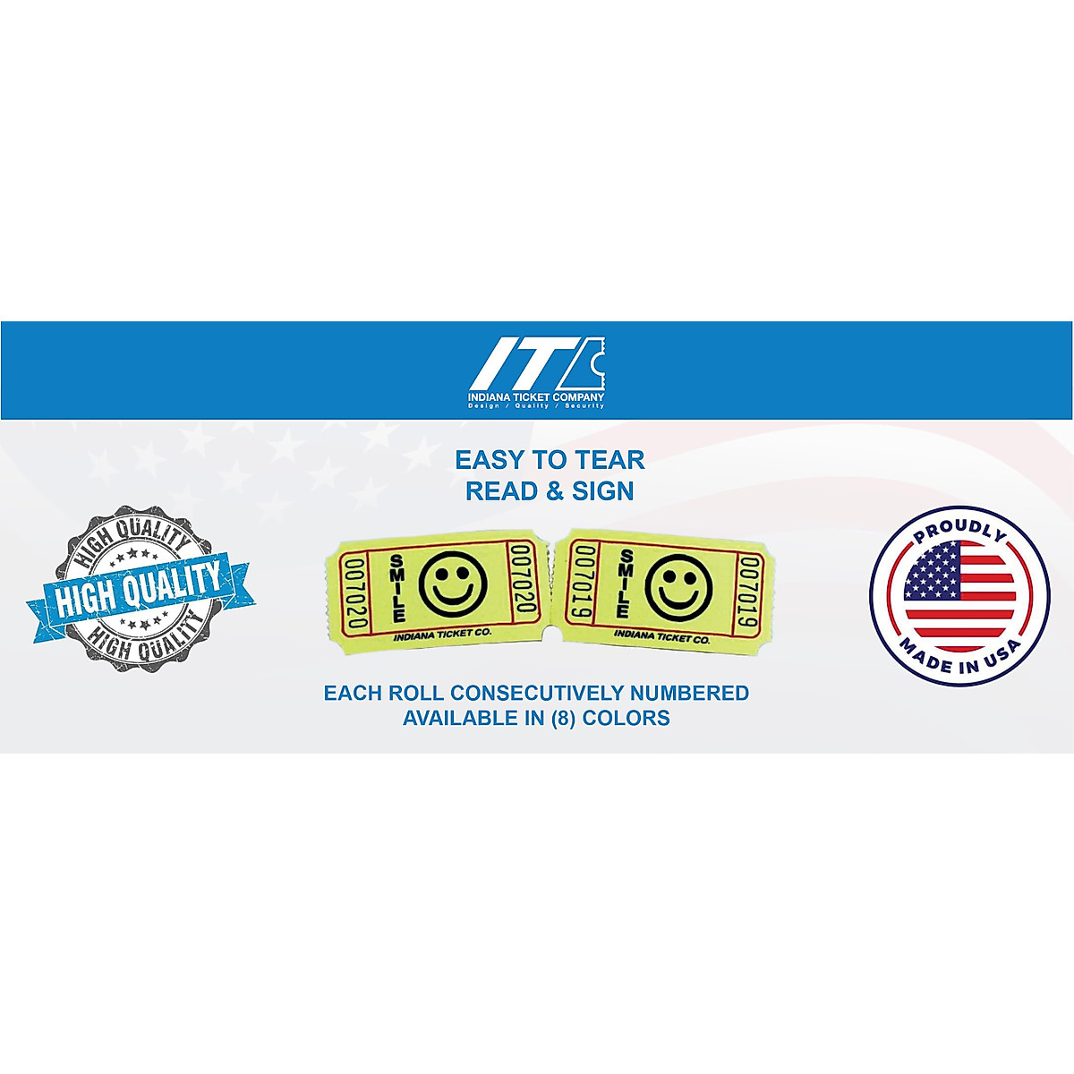 INDIANA TICKET CO. 2,000 White Smile Tickets, Single Roll – 8 Color Selection – Classroom Rewards, Events, Fundraisers, Door Entry, Raffles, Prizes, Drink/Food Tickets, Party Supplies & More.