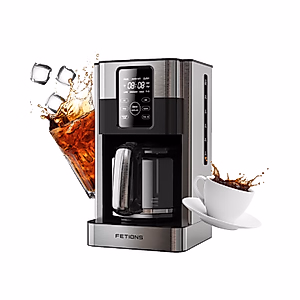 FETIONS Coffee Maker with Glass Carafe for Home Office, Programmable Stainless Steel Drip Coffee Machine with Timer Auto Shut-Off, LED Screen, 12-Cup Coffee Pot with Anti-Drip System, Reusable Filter