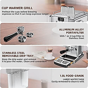 SUMSATY Espresso Machine, Espresso Machine with Milk Frother, Fast Heating Automatic, Latte and Cappuccino Machine, 20 Bar Espresso Maker, Stainless Steel, 1.8L Water Tank