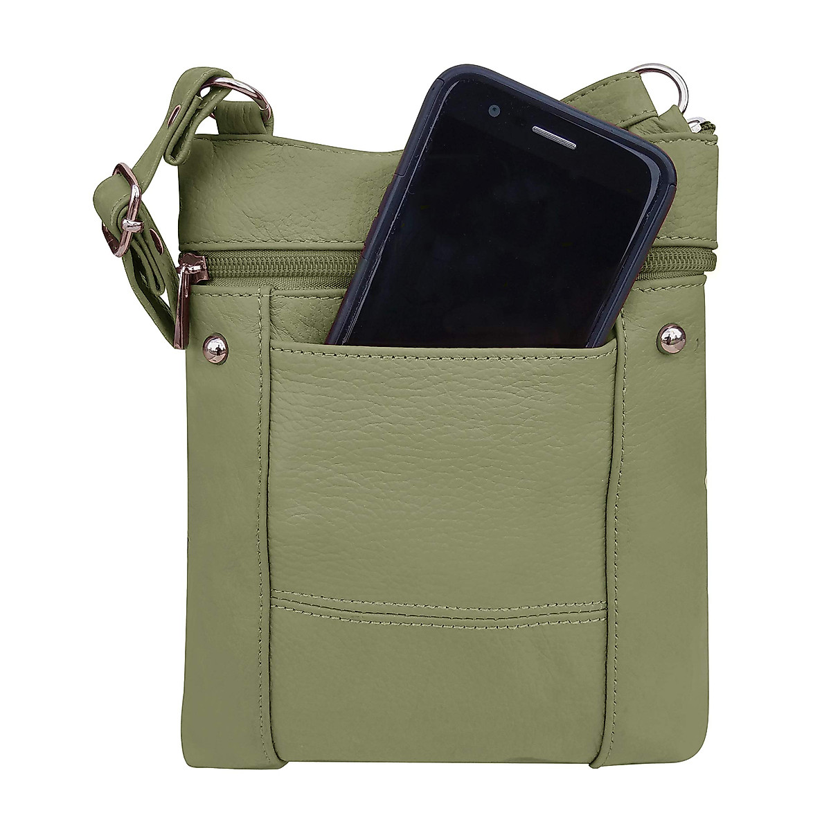 Roma Leathers Crossbody Zippered Purse - 3 Front Pockets, Adjustable Strap - Olive