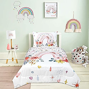 4 Pieces Toddler Bedding Set for Girls, Rainbow Toddler Comforter Set, Include Quilted Comforter, Flat Sheet, Fitted Sheet, Pillowcase, Ultra Soft and Breathable, Boho Floral, Pink