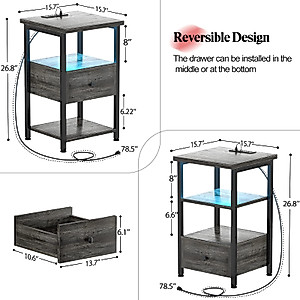Girapow Nightstands Set of 2, 3-Tier Nightstand with LED Lights, 26.8'' Charging Station and USB Ports, Adjustable Wood Drawers, End Table Bedside Storage for Bedroom, Grey